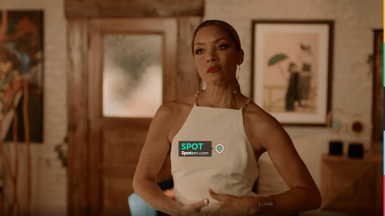 Cult Gaia Joey Chain Strap Linen Blend Halter Top worn by Dominique ...