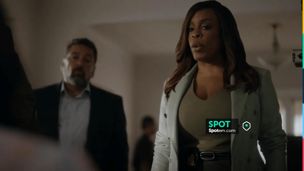 Zara Green Faux Leather Dou­ble Breast­ed Blazer worn by Simone Clark ...