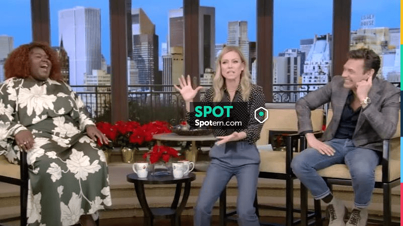 Saint Laurent Tie-Neck Polka-Dot Silk Blouse worn by Kelly Ripa as seen ...