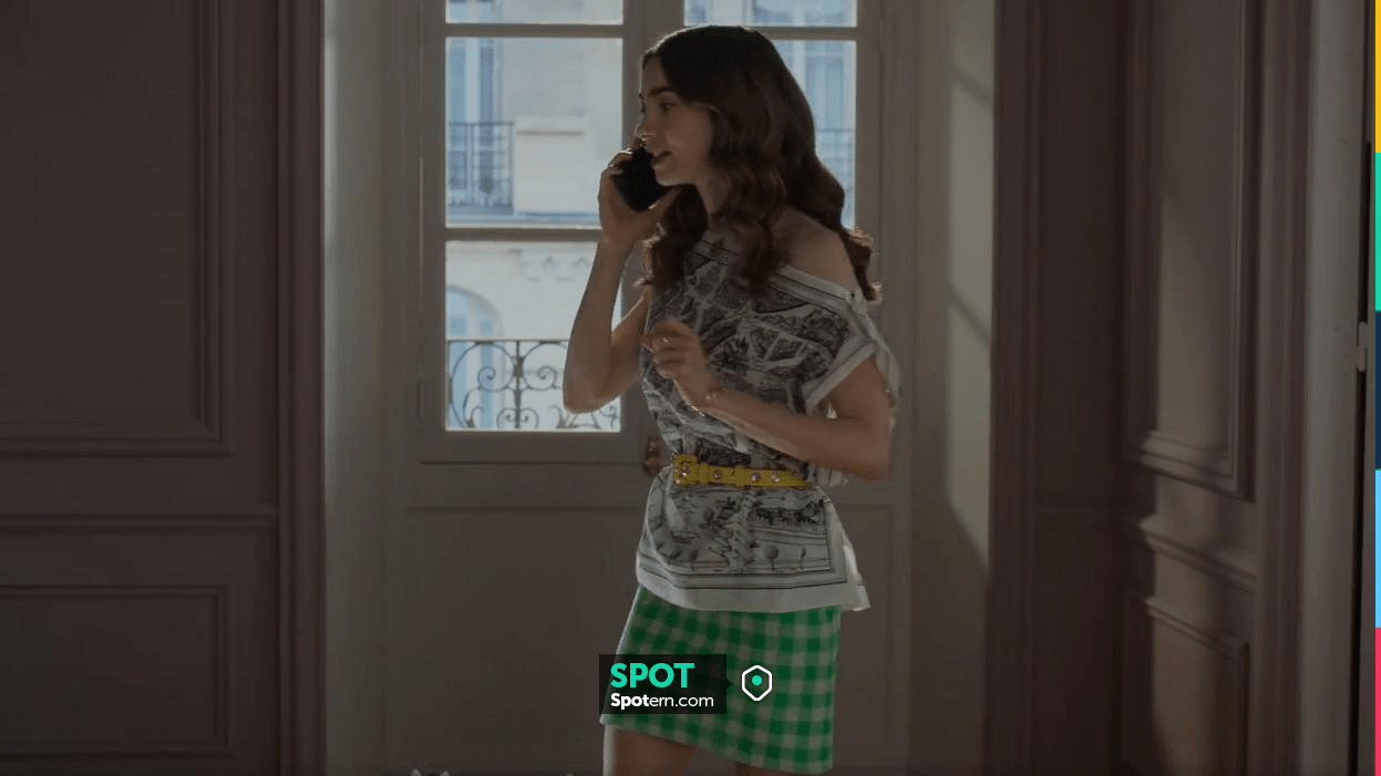 Philosophie Di Lorenzo Serafini Gingham Falda lápiz usada por Emily Cooper (Lily Collins) vista ...