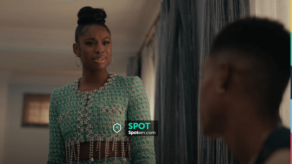 Area Cropped Tweed Blazer w/ Pearl Drop Fringe worn by Hilary Banks ...