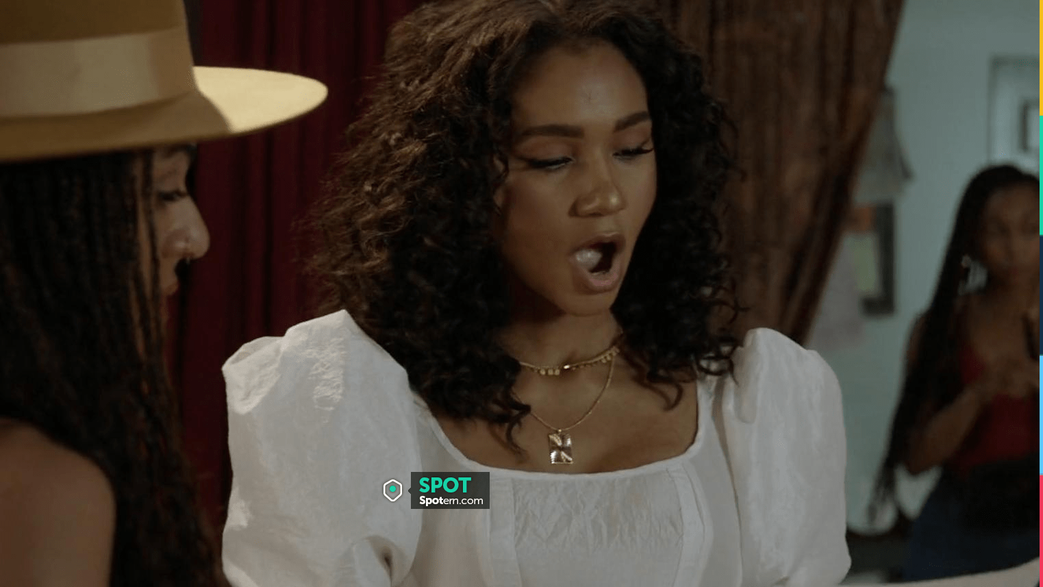 English Factory Mixed Me­dia Crop Puff Sleeve Top worn by Layla Keating ...