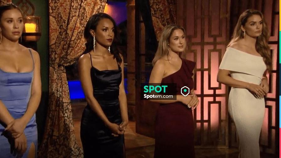 Lulu's Bur­gundy One-Shoul­der Ruf­fle Gown worn by Rachel Recchia as ...