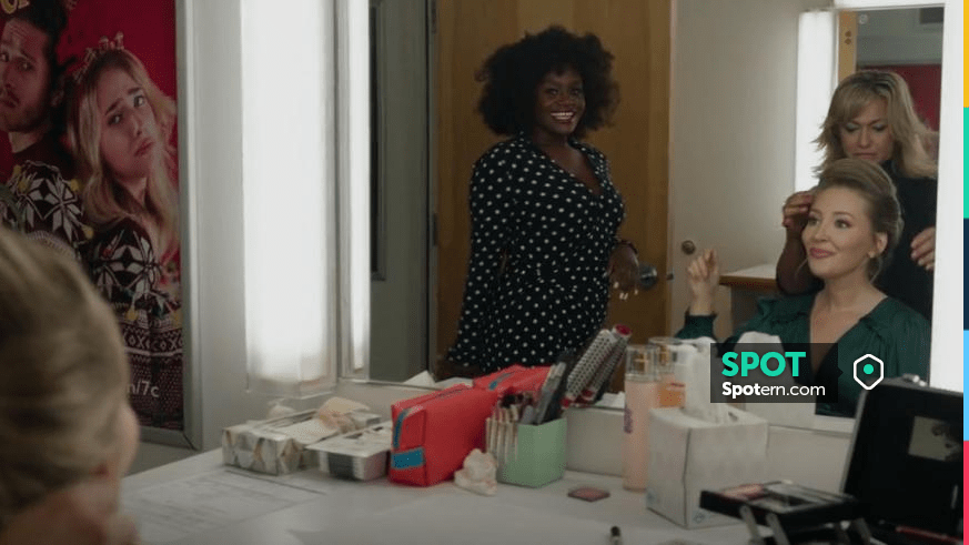 Maje Satin Dress with Ruf­fles worn by Anna Sharpe (Kate Rockwell) as ...