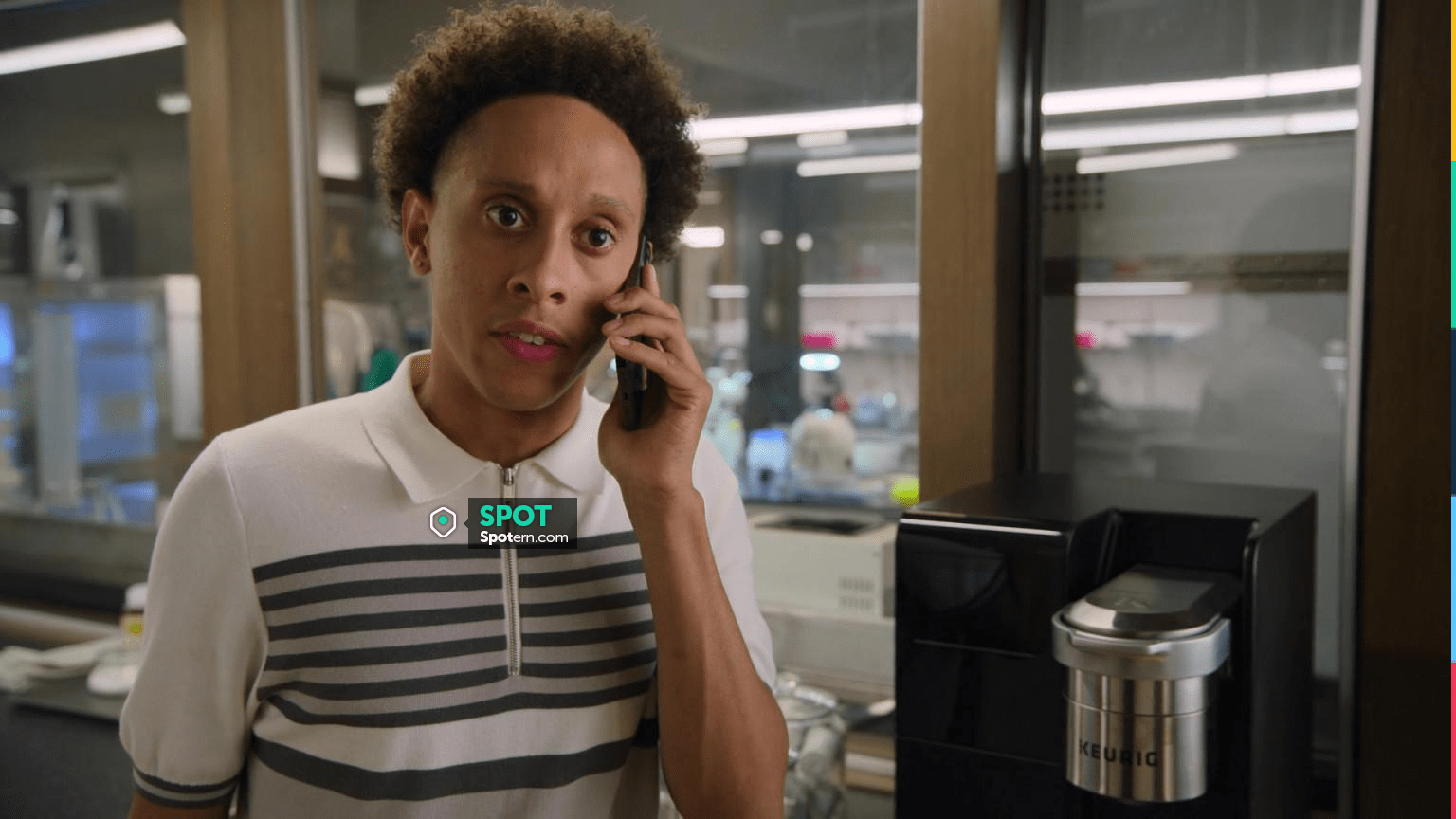 Reiss Striped zip polo shirt worn by Malcolm (Aaron Branch) as seen in ...