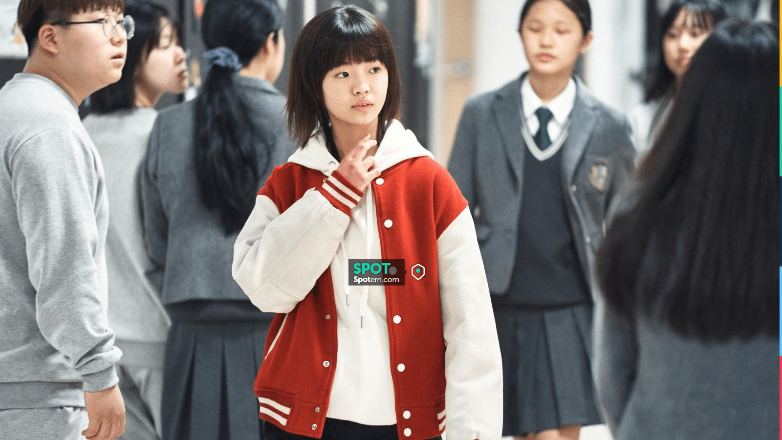 Red varsity jacket worn by Gil Jae-yeong (Kim Si-a) as seen in Kill ...