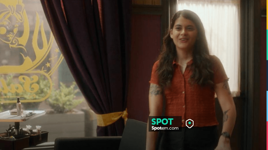 Vince Smock Short Sleeve Button-Up Blouse In Rust Amber worn by ...