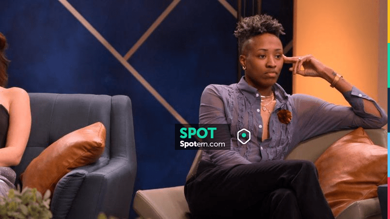 Asos Design Su­per Skin­ny Mesh Shirt With Ruf­fle Front In Blue worn ...