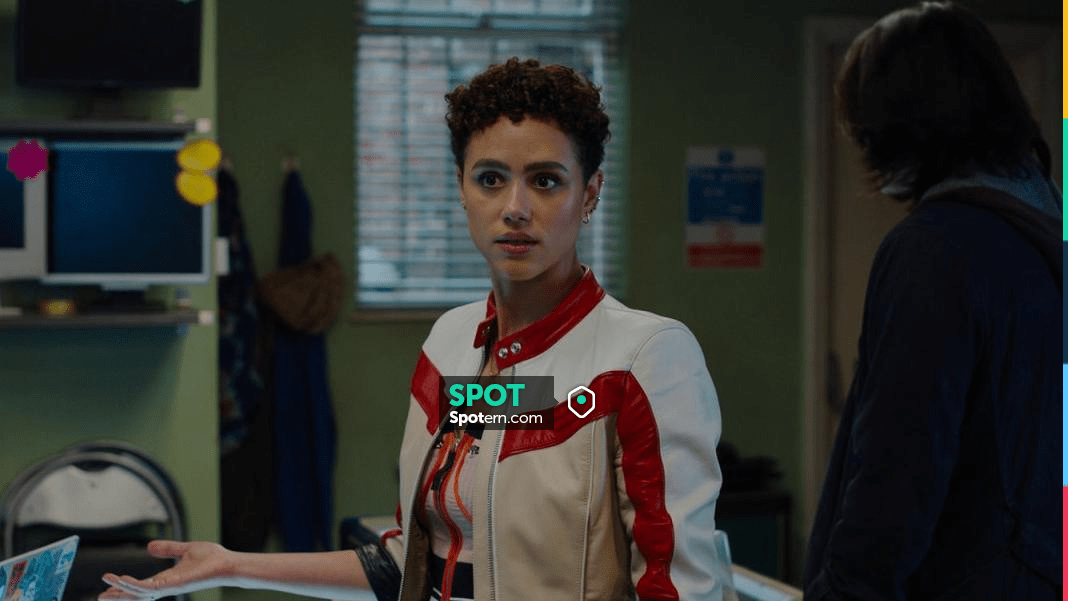Diesel white and red leather jacket worn by Ramsey (Nathalie Emmanuel ...