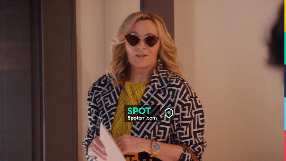 Balmain Monogram-Pattern Balloon-Sleeve Jacket worn by Madolyn Addison (Kim Cattrall) as seen in ...
