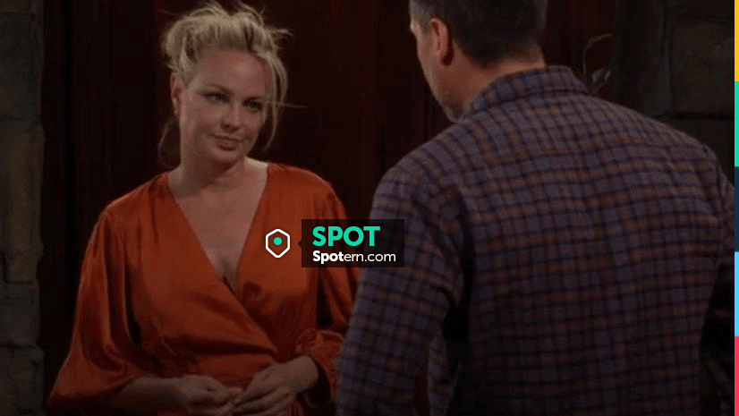 Hutch Turn­er Dress in Cop­per Satin worn by Sharon Newman(Sharon Case ...