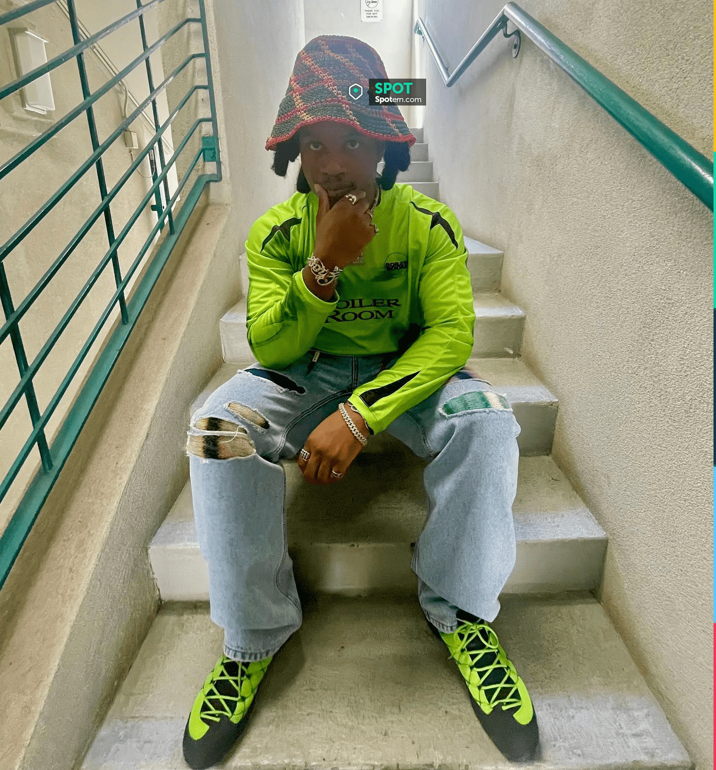 Vivienne Westwood Dark Green Cro­chet Buck­et Hat worn by Denzel Curry ...