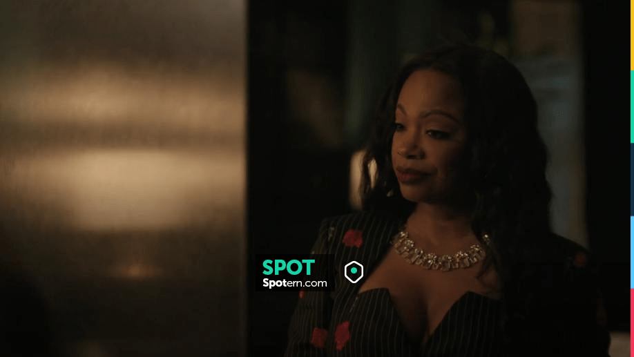 Versace Rose-Print Pinstripe Double Breasted Jacket worn by Roselyn ...