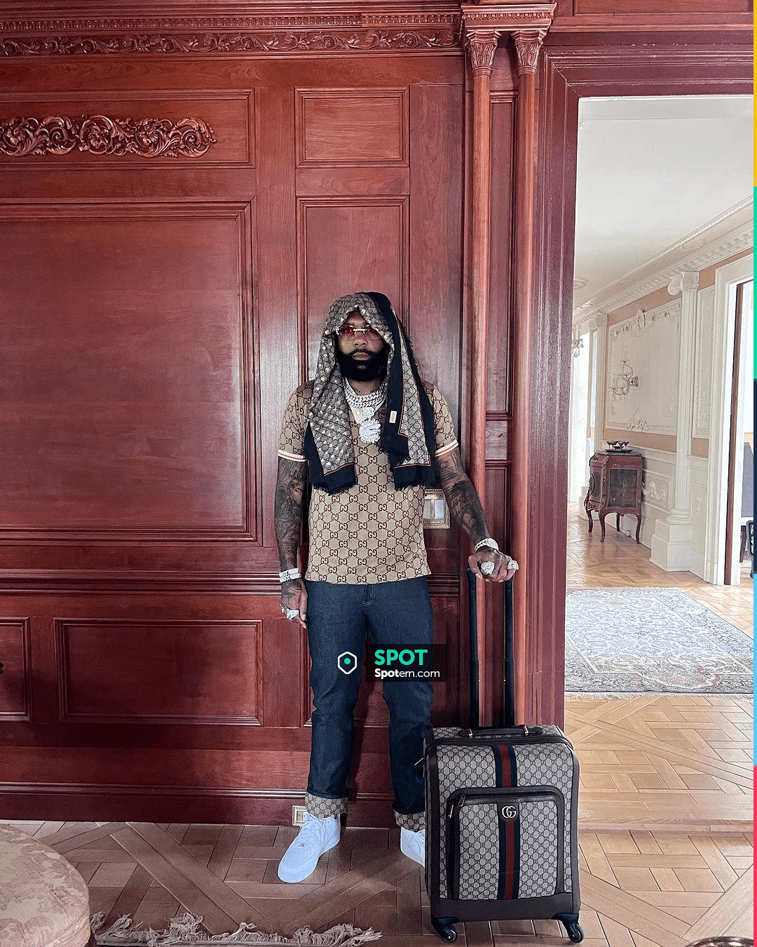 Gucci Deep Indigo & Beige GG Cuff Jeans worn by Money Man on his ...