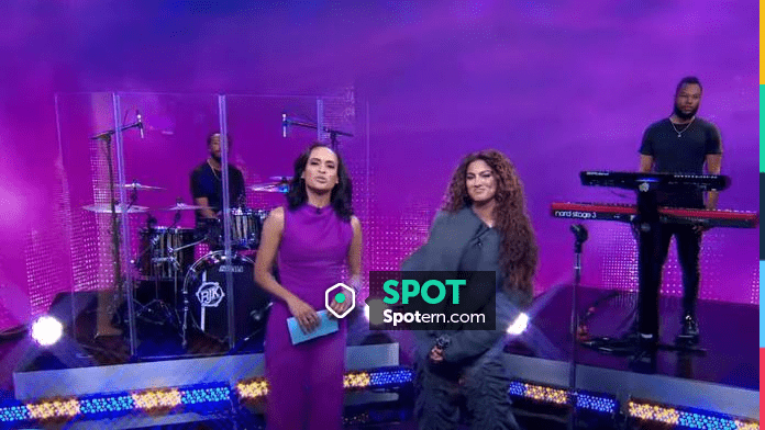 Black Halo Corrine Draped Bodice Wide Leg Jumpsuit worn by Linsey Davis ...