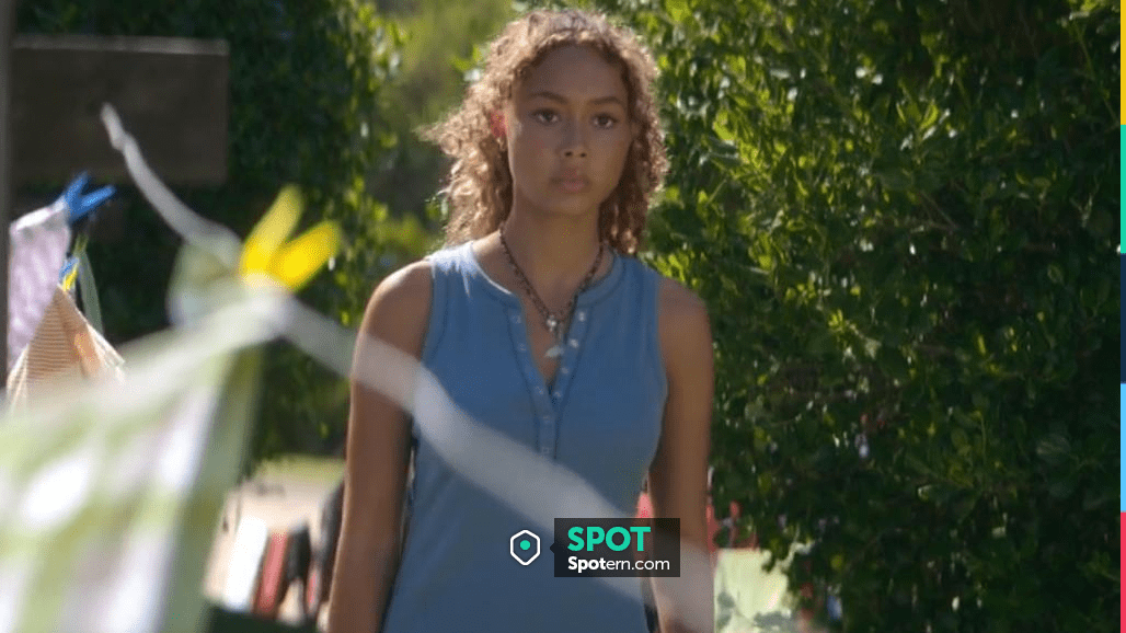 Grab Denim Rib Hen­ley Tank in La­goon Blue worn by Bodhi Mercer ...