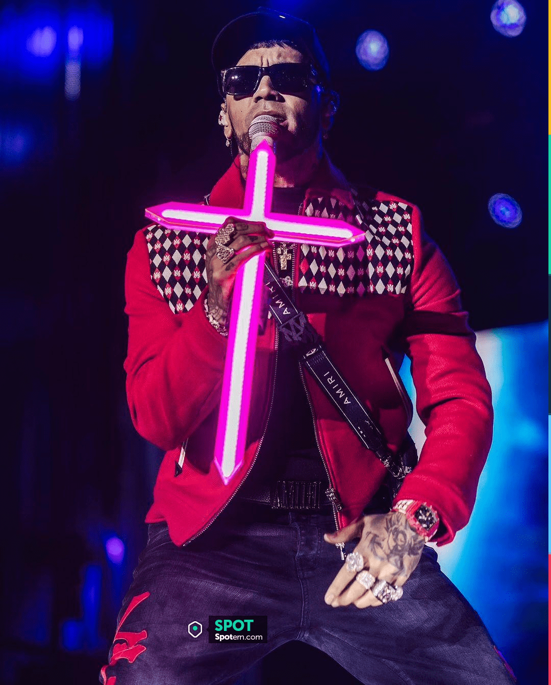 Amiri Aged Black & Red Leather Bones Jeans worn by Anuel AA on the ...