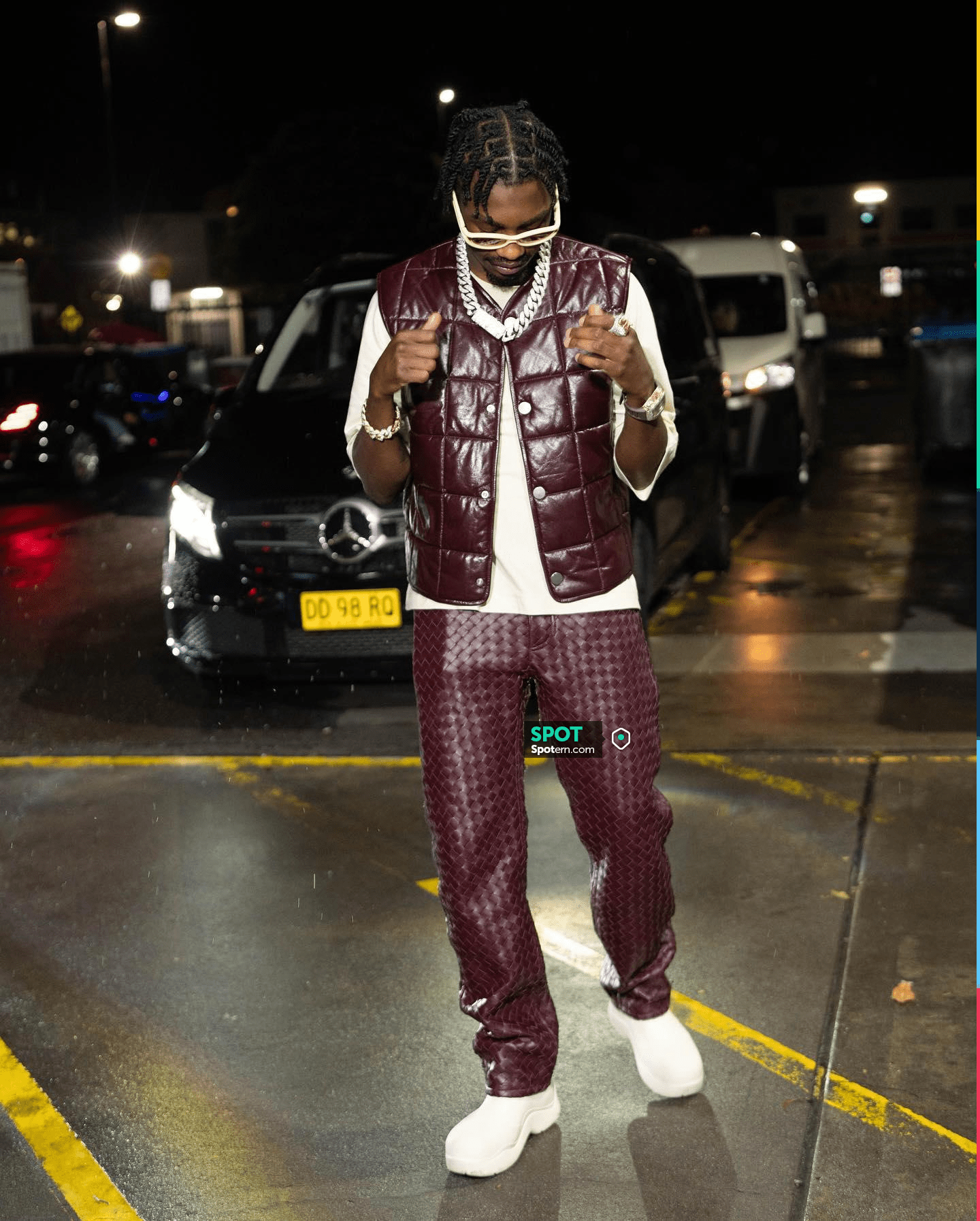Bottega Veneta Burgundy Intrecciato Leather Pants worn by Lil Tjay on ...