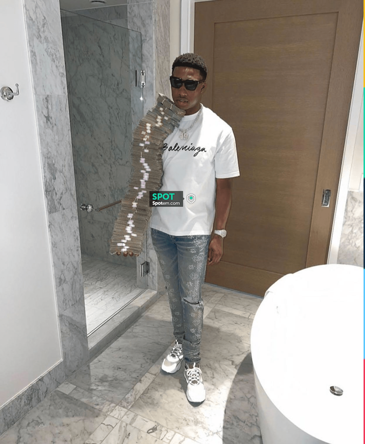 Balenciaga White Script Logo T Shirt worn by Rob49 on the Instagram ...