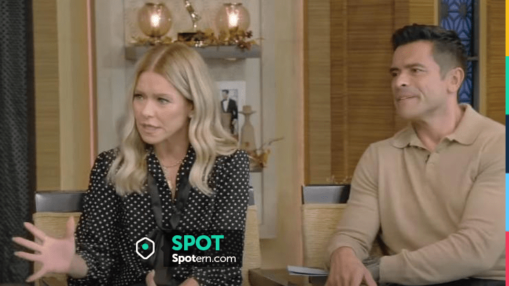 Saint Laurent Tie-Neck Polka-Dot Silk Blouse worn by Kelly Ripa as seen ...