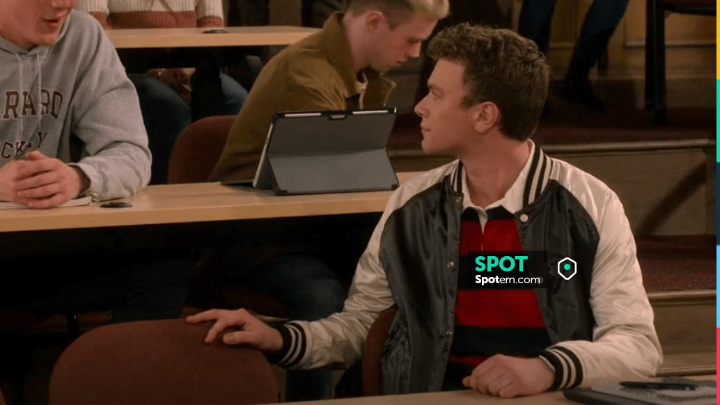 H&M Satin Base­ball Jack­et worn by David Crane (Anders Keith) as seen ...