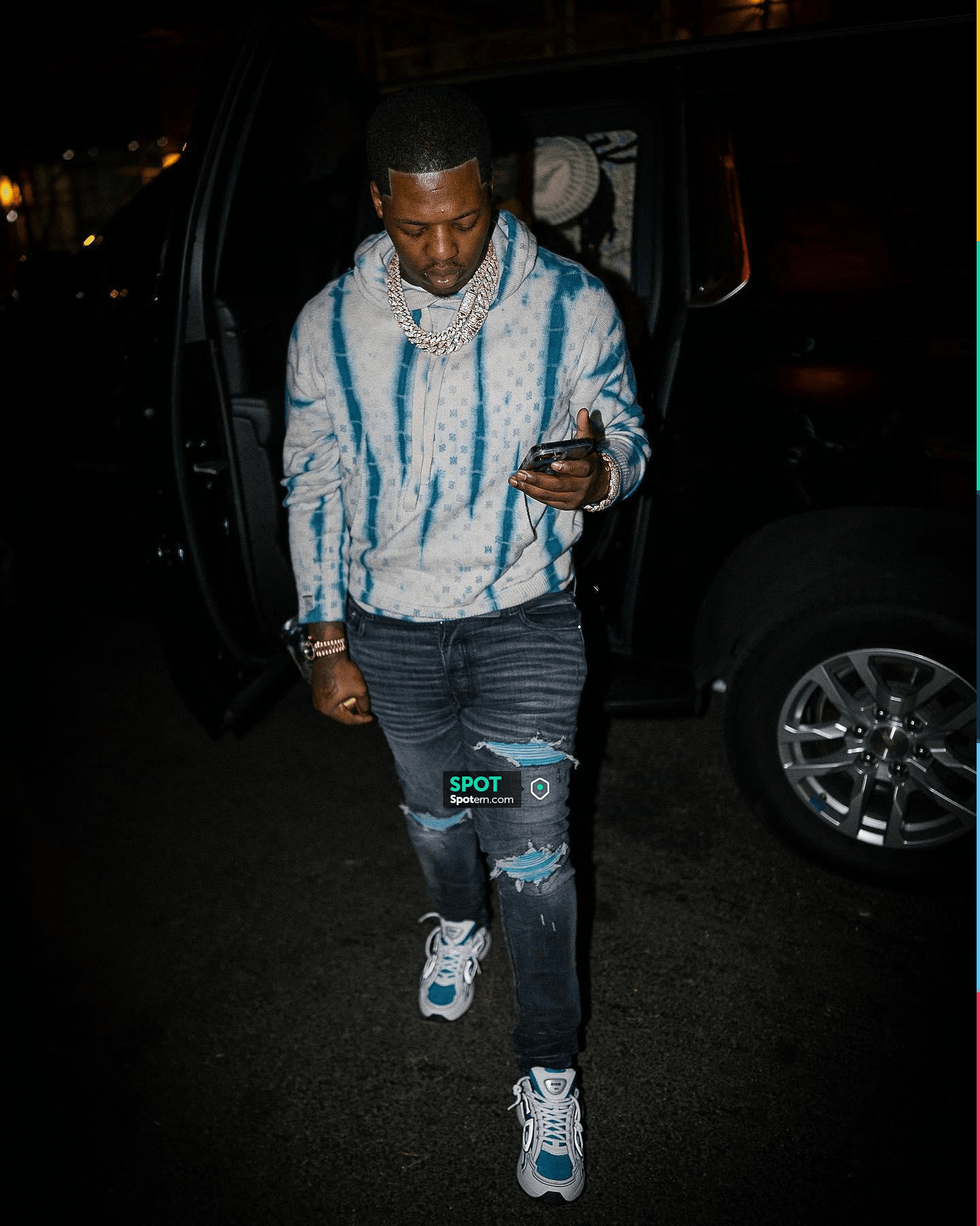 Amiri Storm Grey & Blue Suede MX1 Jeans worn by Lil Zay Osama on the ...