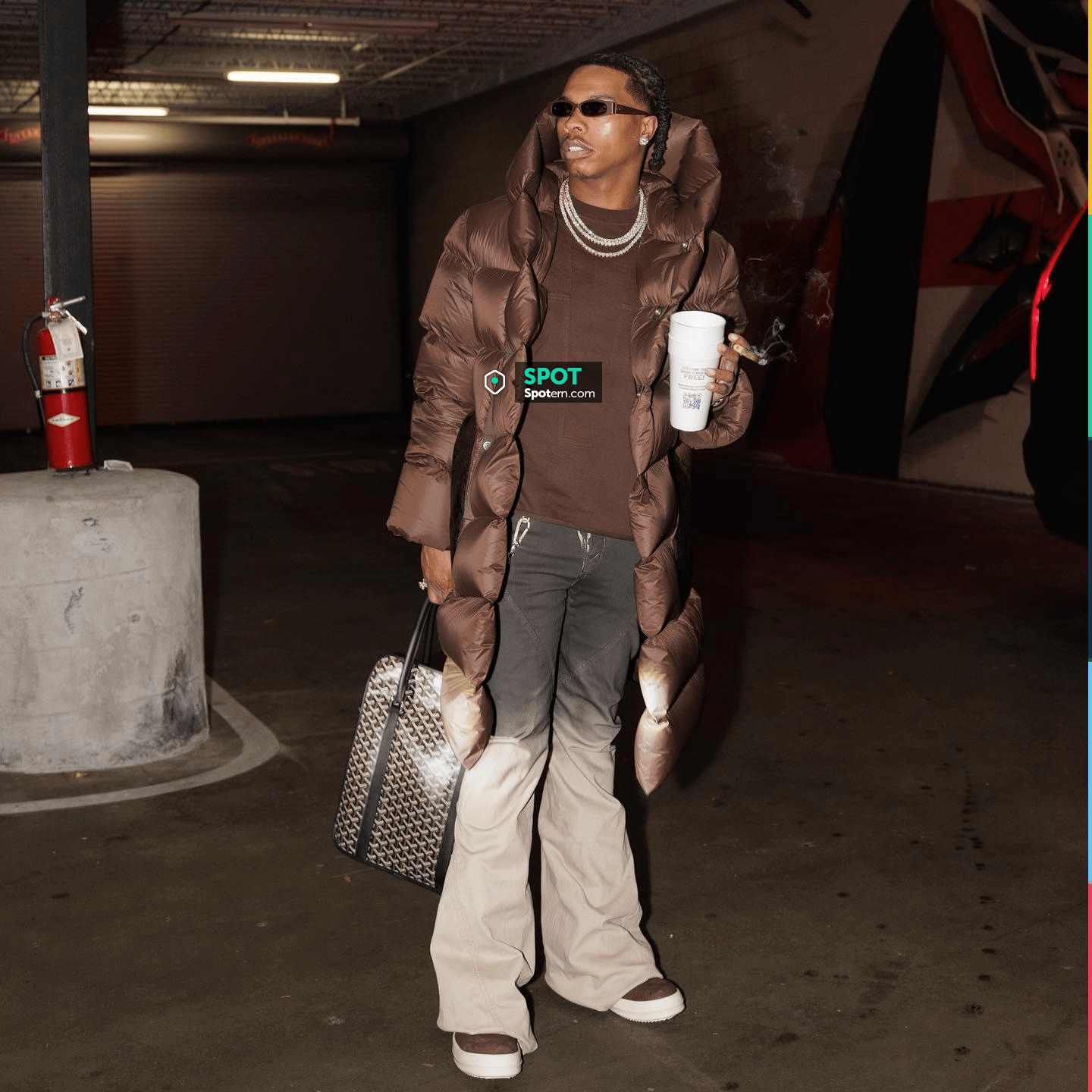 Rick Owens Brown Leather-Pocket Wrapped Down Coat worn by Lil Baby on ...