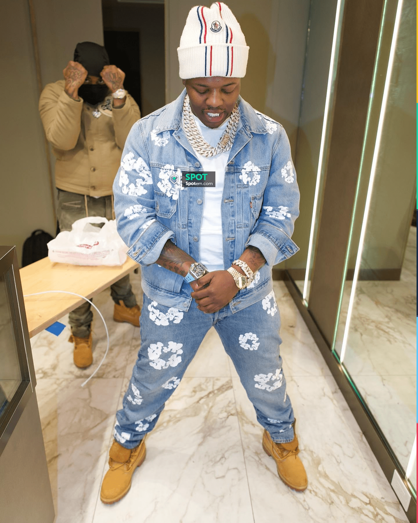 Denim Tears Light Wash Blue Wreath Denim Jacket worn by Lil Zay Osama ...