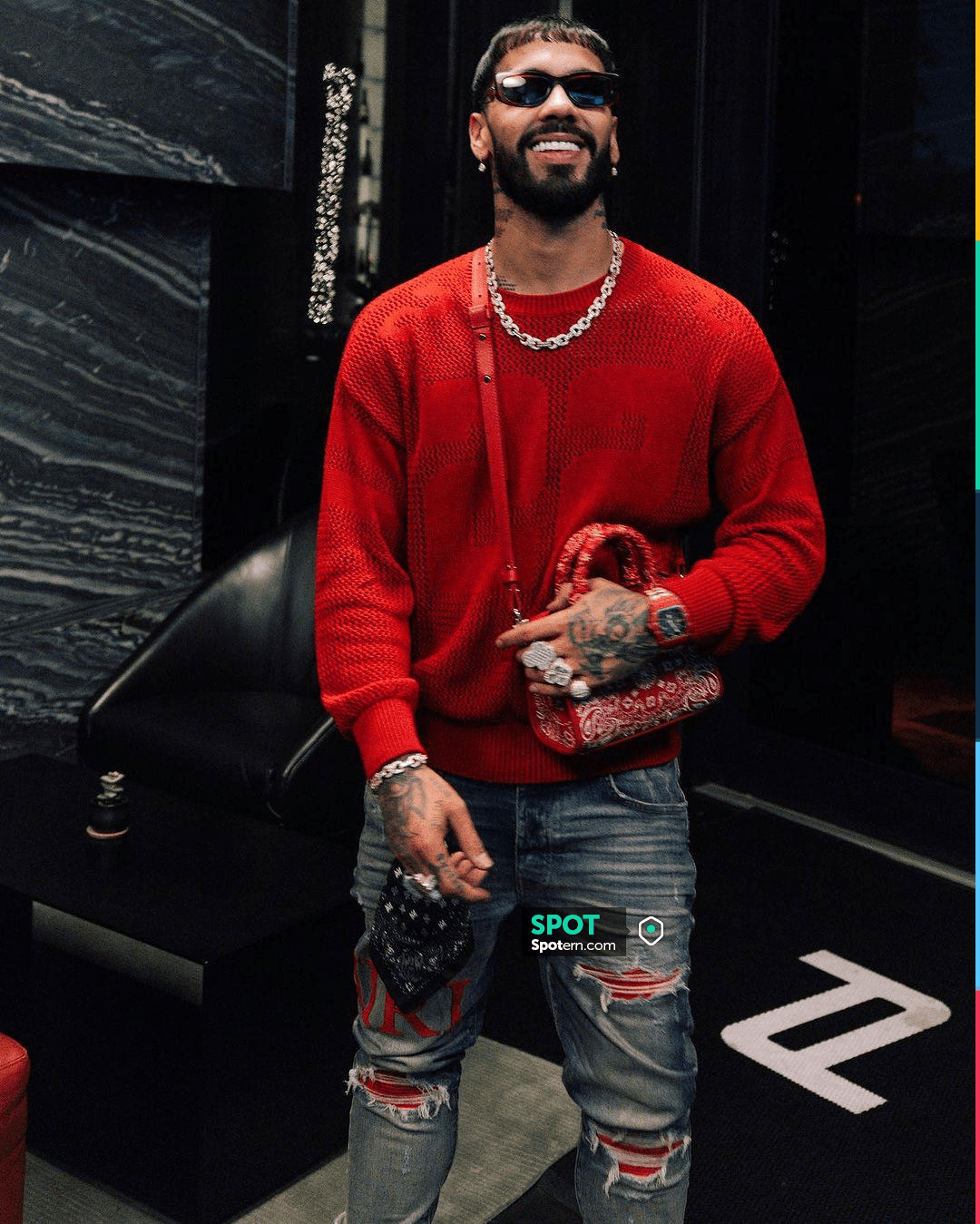 Amiri Vintage Indigo & Red Logo 'MX1' Jeans worn by Anuel AA on the ...