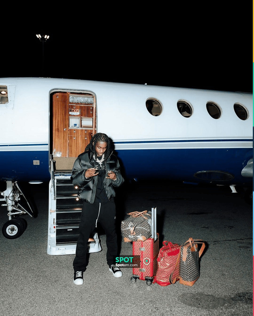 Goyard Red 'Bourget PM' Trolley Suitcase worn by Polo G on the ...