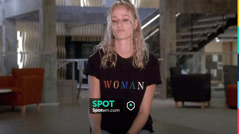 Boohoo Rain­bow Slo­gan Shirt worn by Tessa Lewis as seen in Deaf U ...
