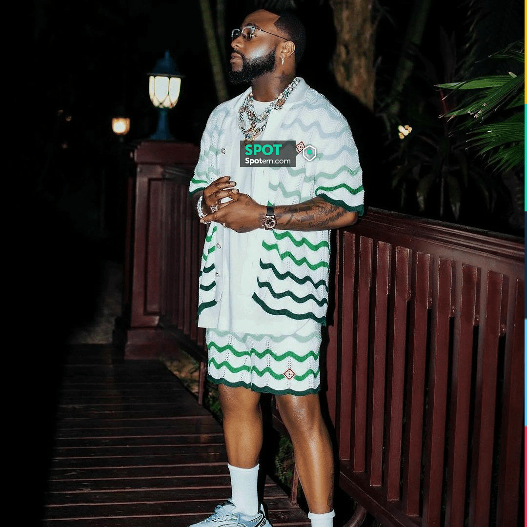 Casablanca White & Wavy Green Stripe Crochet Shirt worn by Davido on ...