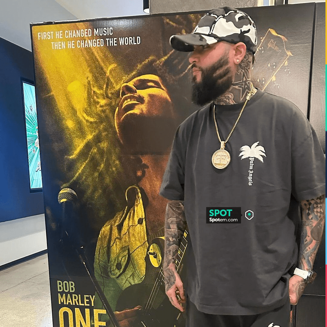 Palm Angels Dark Grey Palm Tree Logo T-Shirt worn by Farruko on the ...