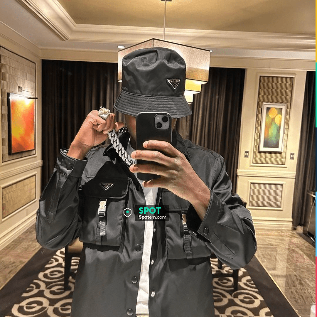 Prada Black Buckle Pocket Snap Overshirt worn by Lil Tjay on the ...