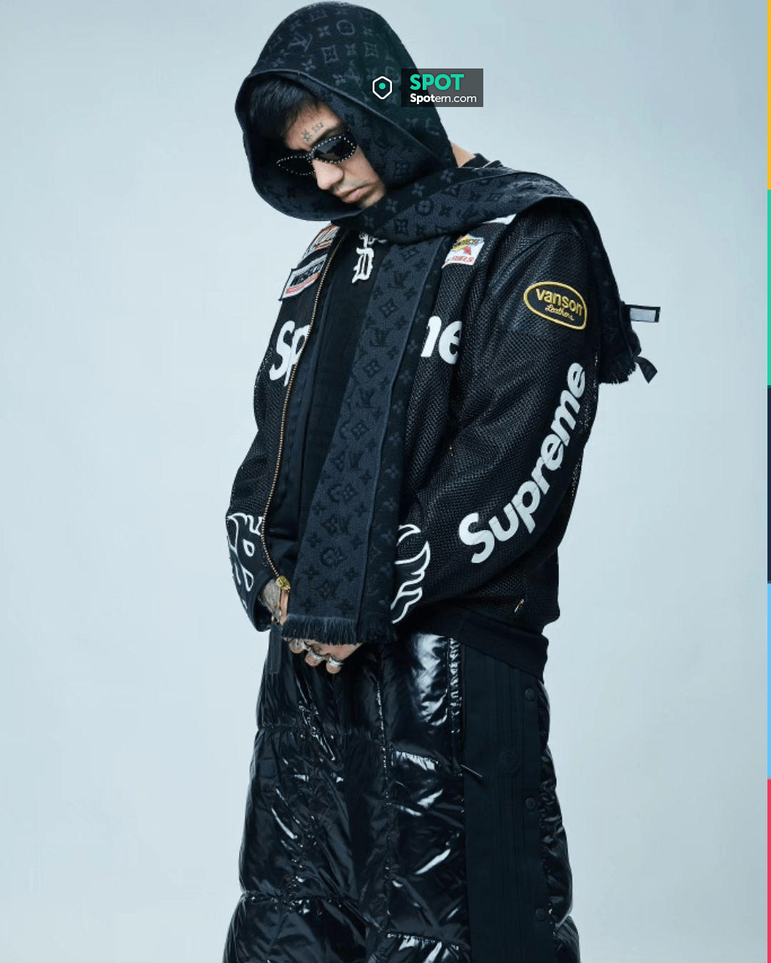 Louis Vuitton Black & Dark Grey 'Monogram Classic' Scarf worn by Duki ...