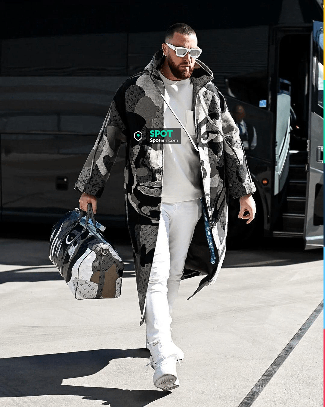 Louis Vuitton Face Portrait Patchwork Canvas Coat worn by Travis Kelce ...