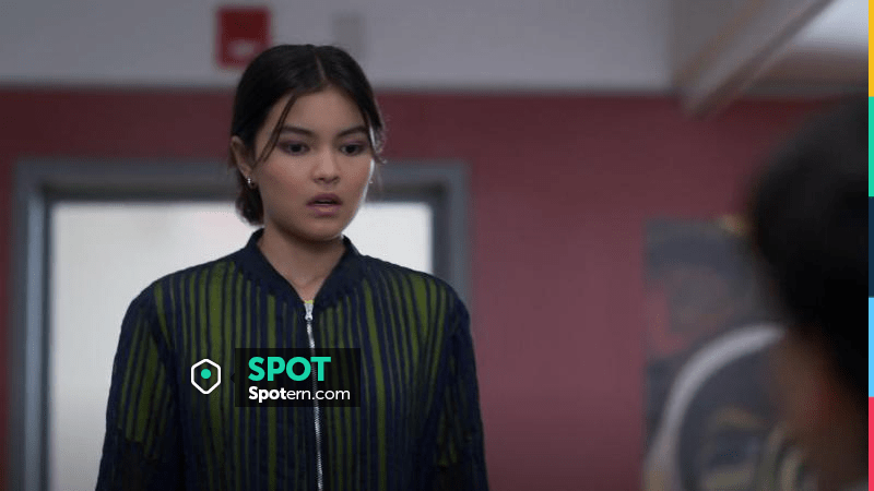 Zara Women’s Striped Or­gan­za Bomber Jacket Blue worn by Carmie Henley (Kaileen Chang) as seen ...