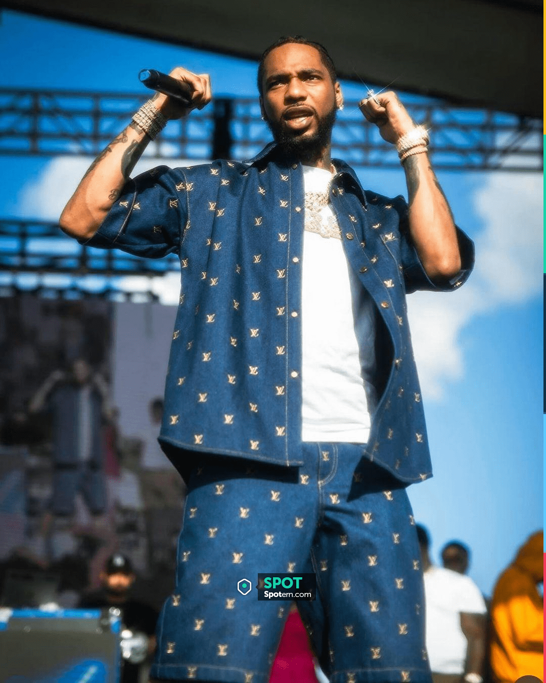 Louis Vuitton Deep Indigo Allover Mini-LV Denim Shorts worn by Key ...