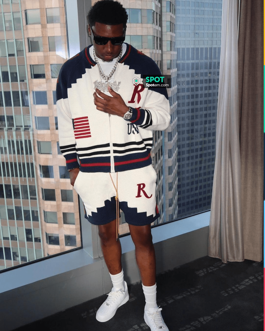 Rhude White Navy & Red 'St. Croix' Zip Cardigan worn by Rob49 on the ...