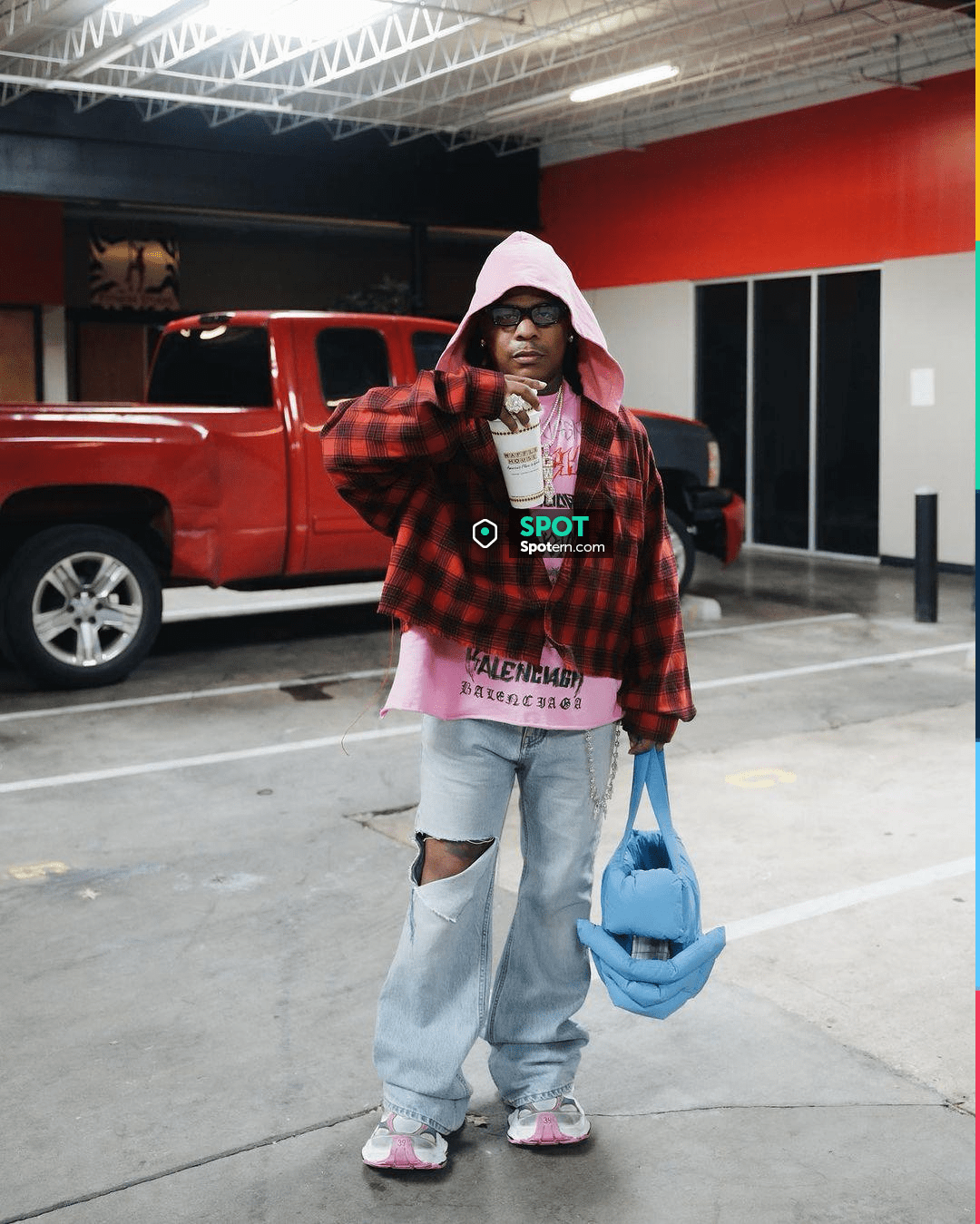 Balenciaga Red Flannel & Pink-Hood Overshirt worn by Rylo Rodriguez on ...