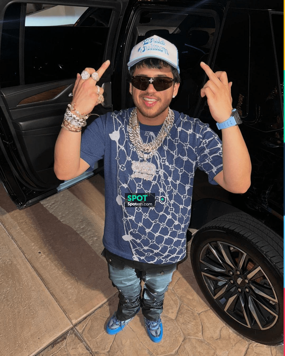 Louis Vuitton Blue Monogram Fishnet T-Shirt worn by Jesus Ortiz Paz on ...