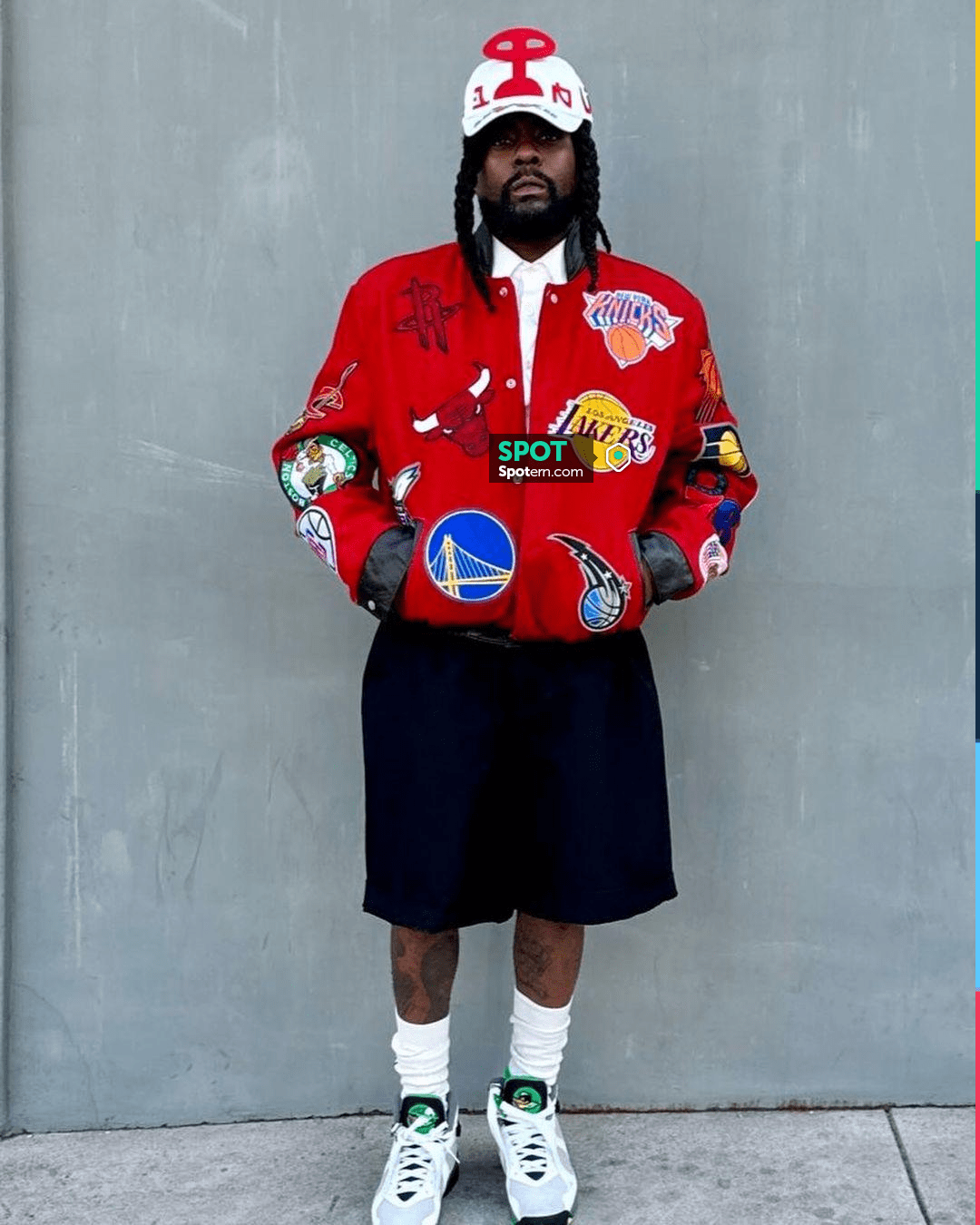 Jeff Hamilton Red Wool NBA Patches Bomber Jacket worn by Wale on the ...