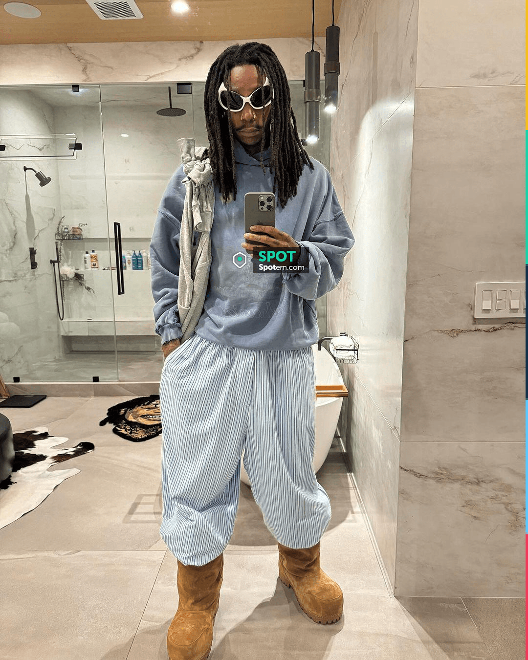 Balenciaga Blue Faded 'Paris Moon' Ripped Hoodie worn by Wiz Khalifa on ...