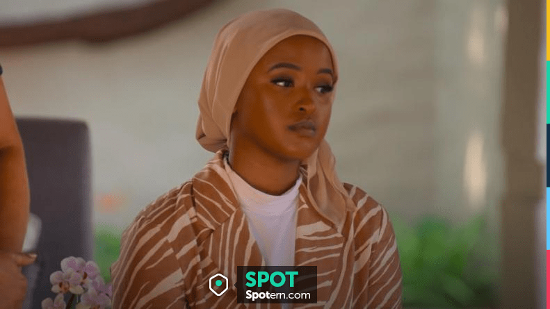 A New Day Single Breasted Linen Blend Blazer Tan Animal Print worn by Muna Abdulahi as seen in ...