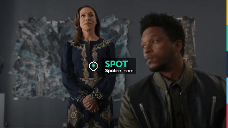 Etro Navy Blue Embroidered Geo Print Cady Long Sleeve Midi A-Line Dress worn by Jenny Sullivan ...