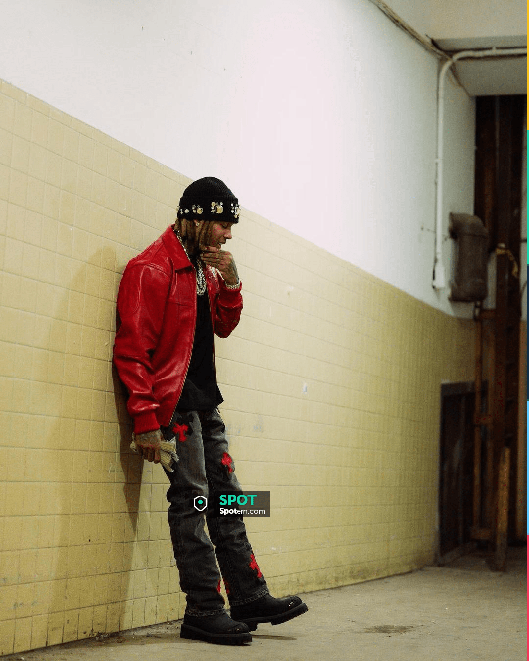 Chrome Hearts Faded Black Jeans with Black & Red Cross Patches worn by ...