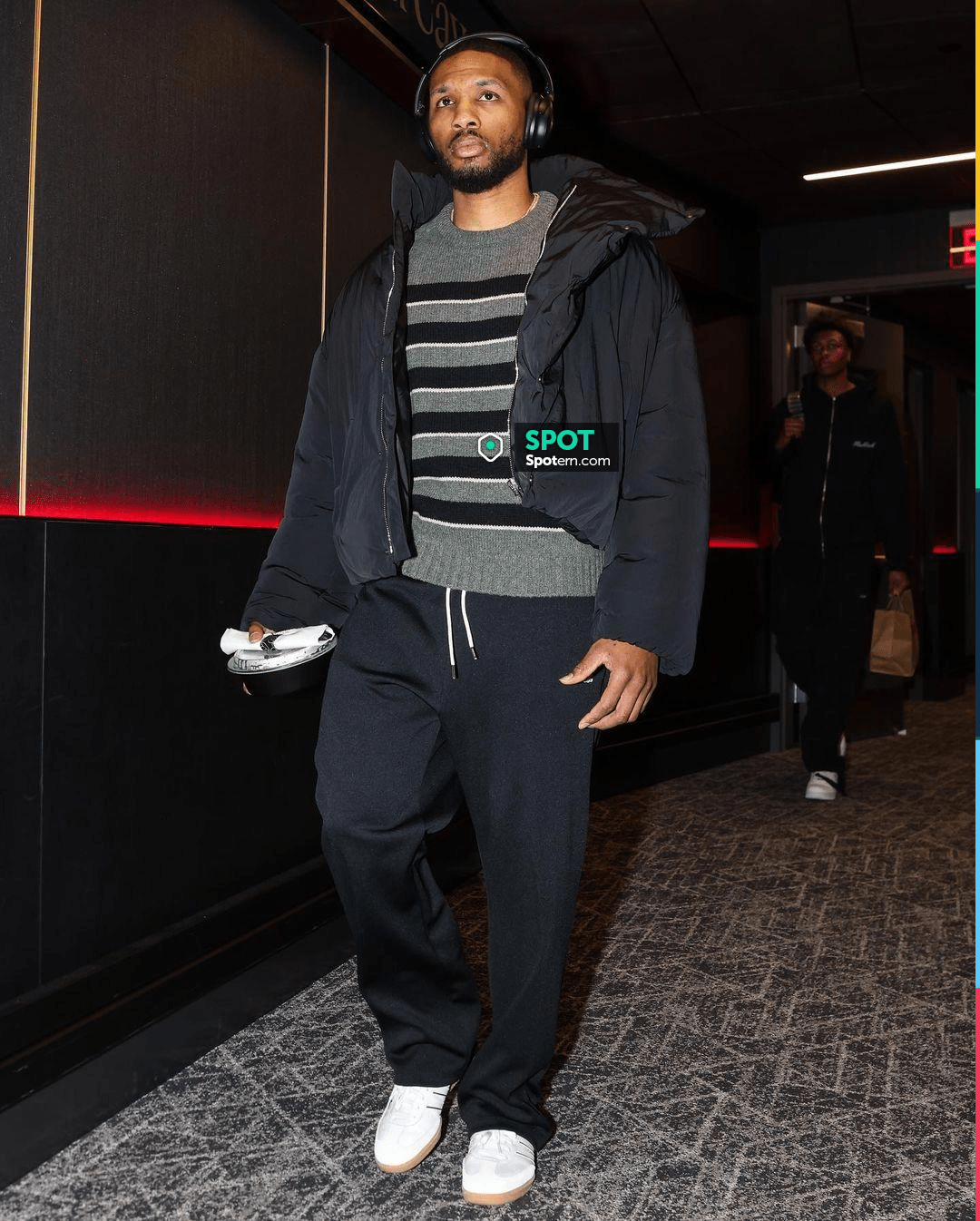 Celine Grey & Navy Stripe Triomphe Sweater worn by Damian Lillard on ...