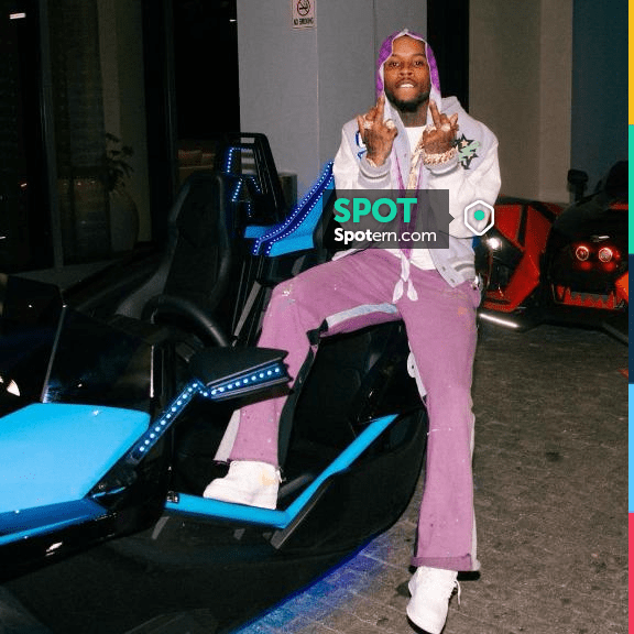 Off White Light Grey & White Magician Varsity Jacket worn by Tory Lanez ...