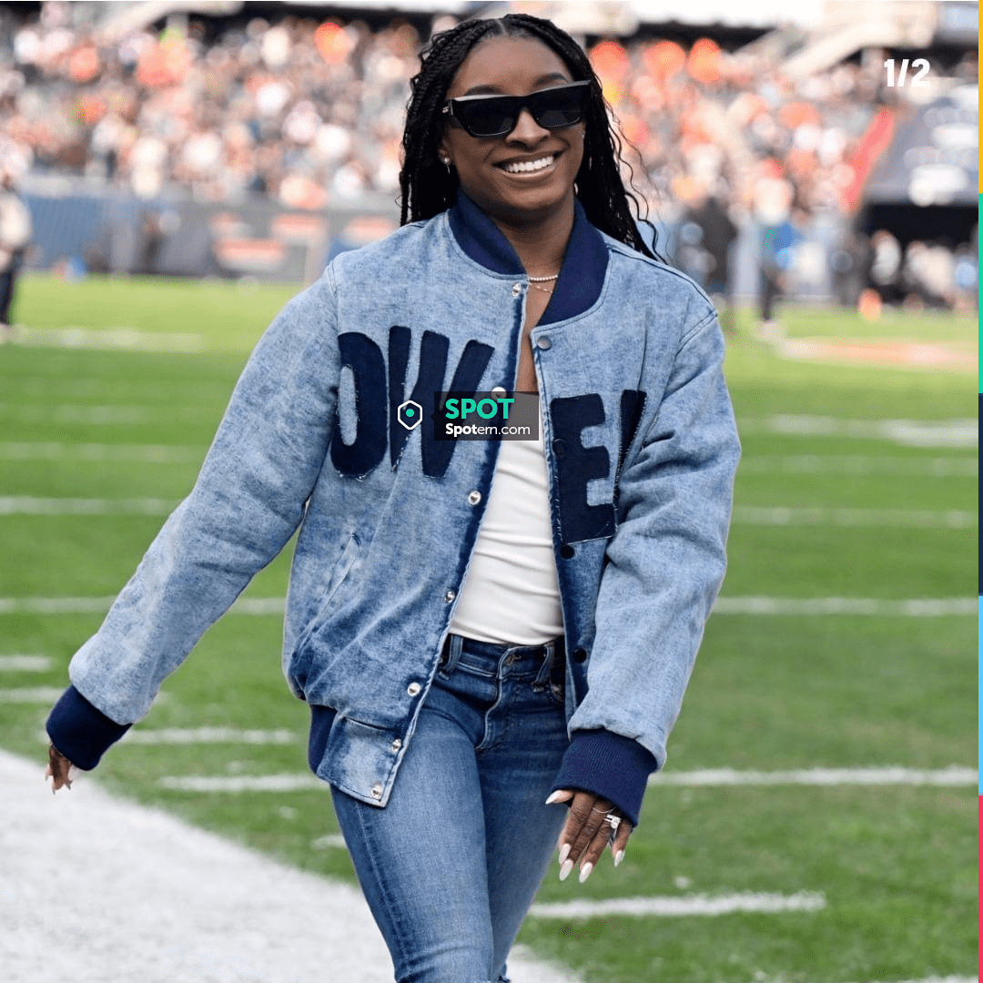 Simone Biles wears Owens Blue Denim Jacket at the stadium for NFL Game ...