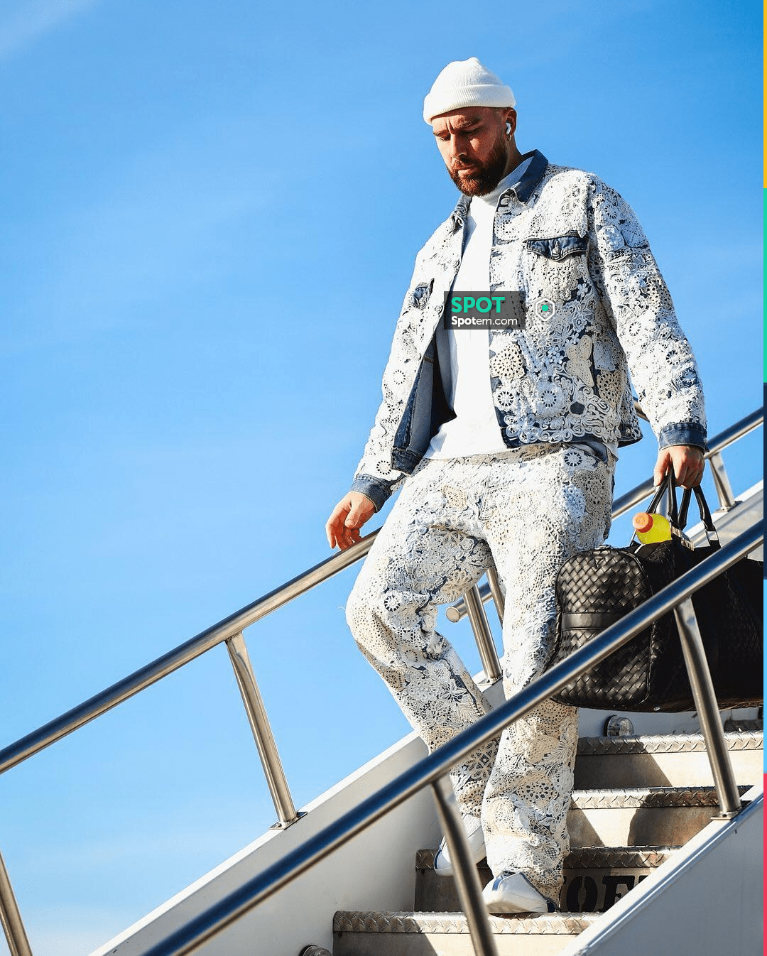 Earthling VIP White Lace Patch Denim Jacket worn by Travis Kelce on the ...